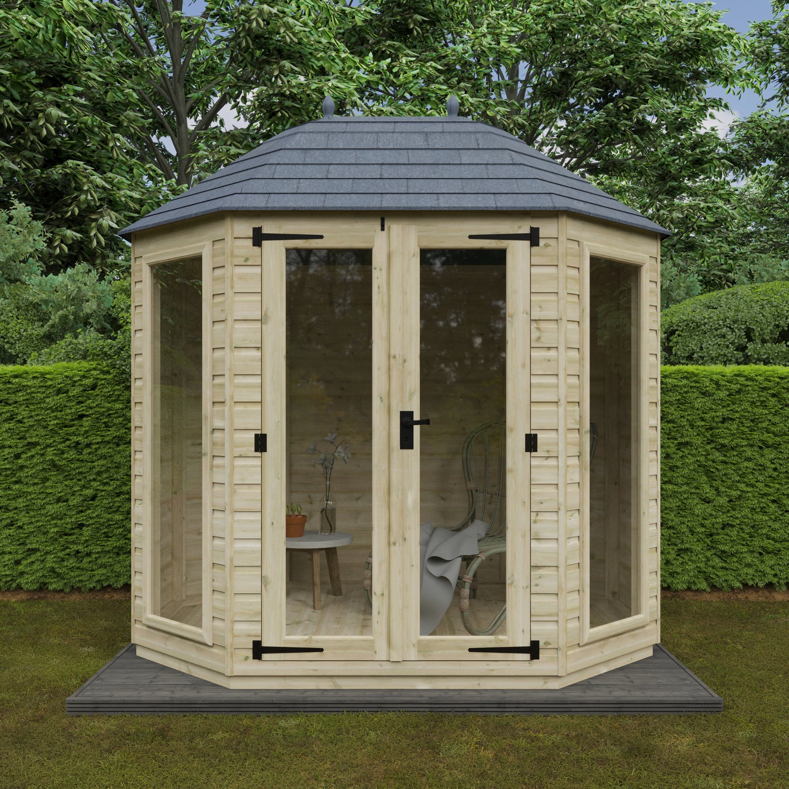 Woodlands Full Pane Tanalised Octagonal Summerhouse 8'x6' – Norfolk Sheds