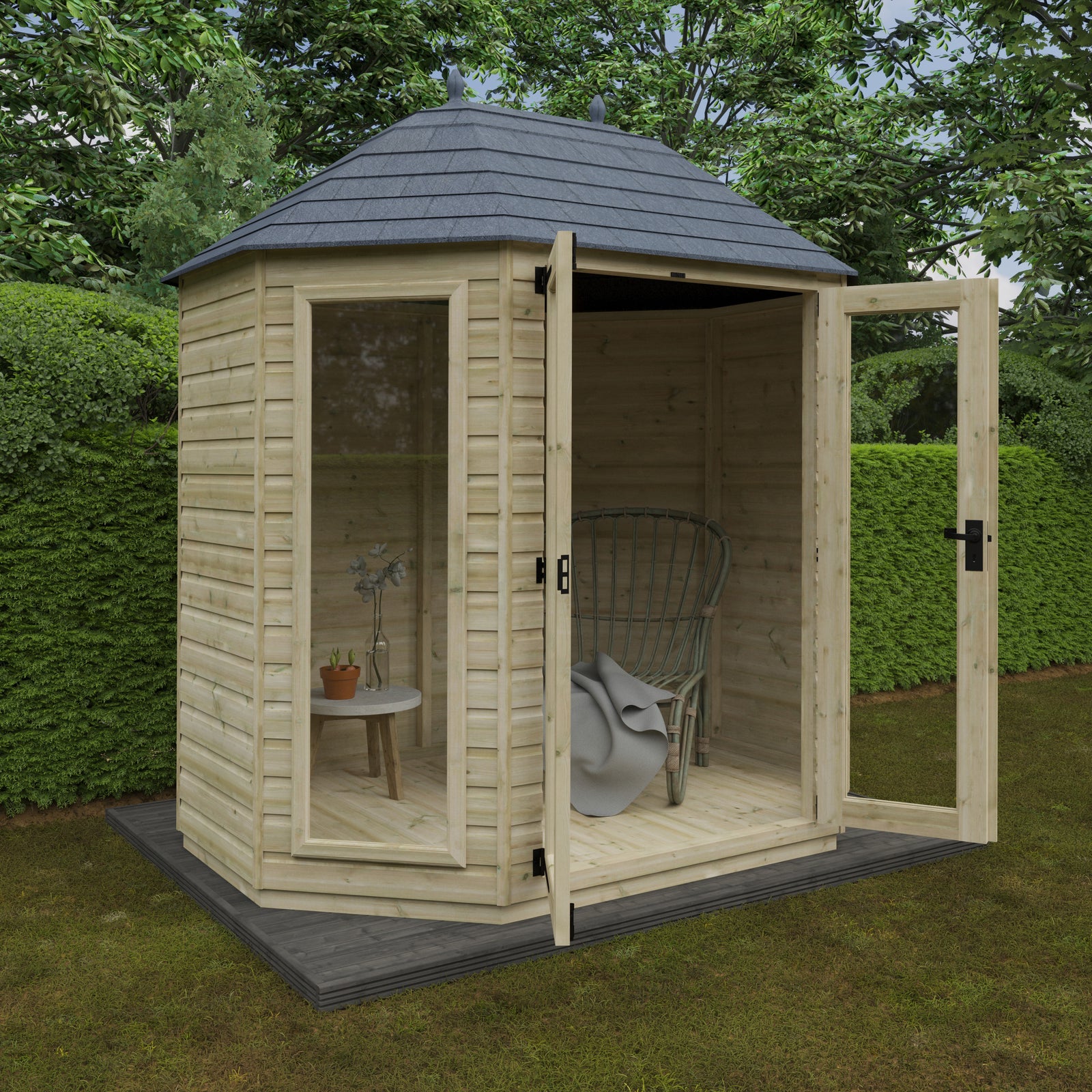 Woodlands Full Pane Tanalised Octagonal Summerhouse 8'x6' – Norfolk Sheds